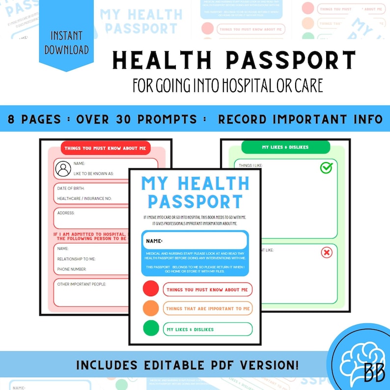 Hospital Essentials: Health Passport, Printable Digital Fillable Health ...