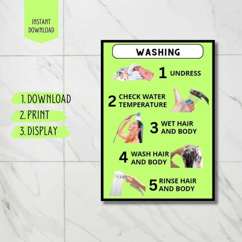 Printable Dementia Washing Routine Card, Daily Living Aid for Memory ...