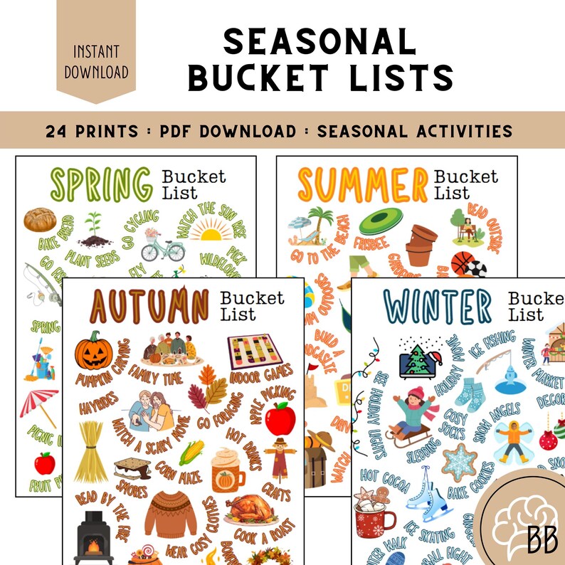 Seasonal Bucket List Printables: Self-care Activity Checklists (24-page ...