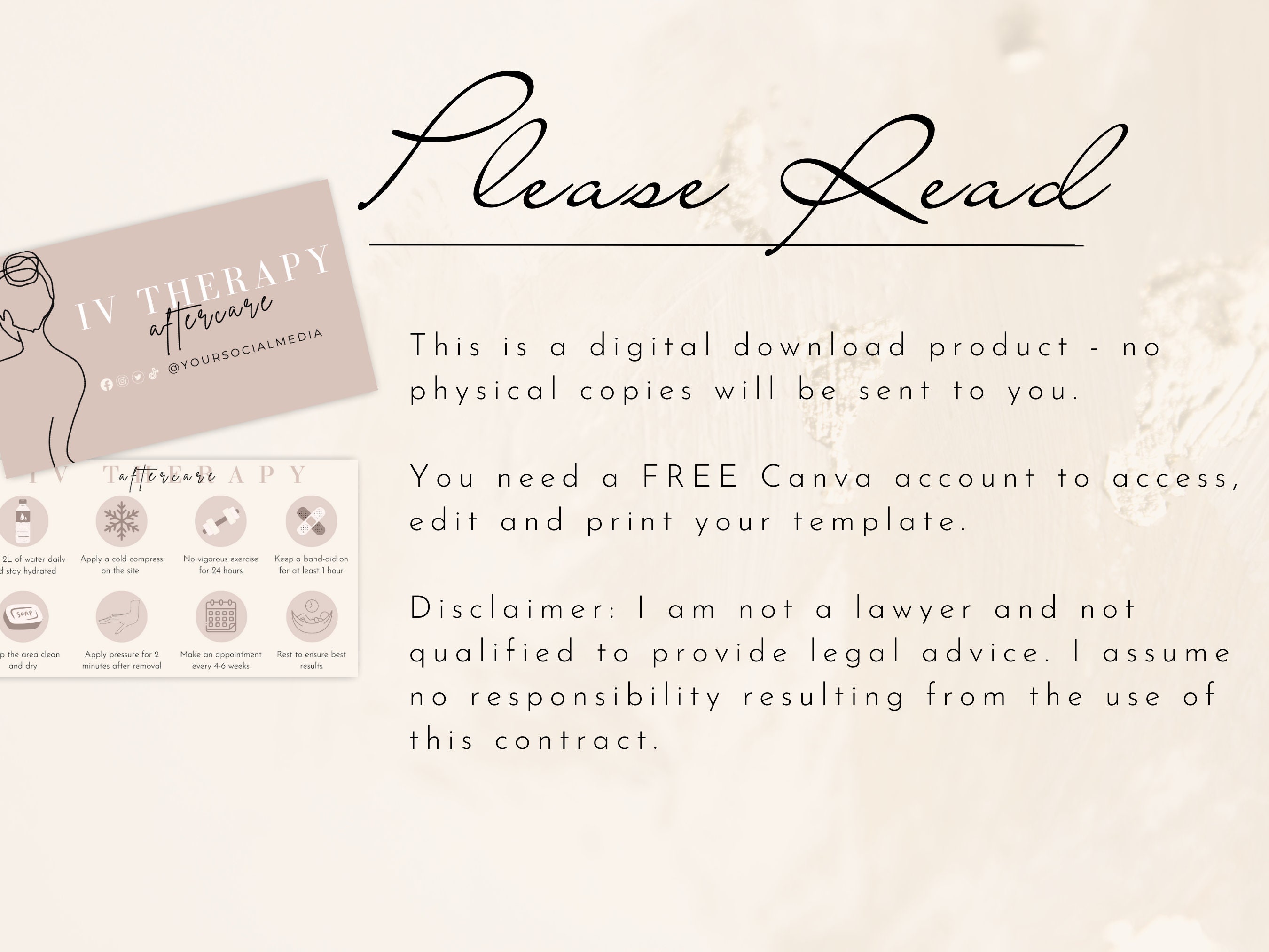 IV Hydration Printable Aftercare Card, Digital Textable IV Therapy Post ...