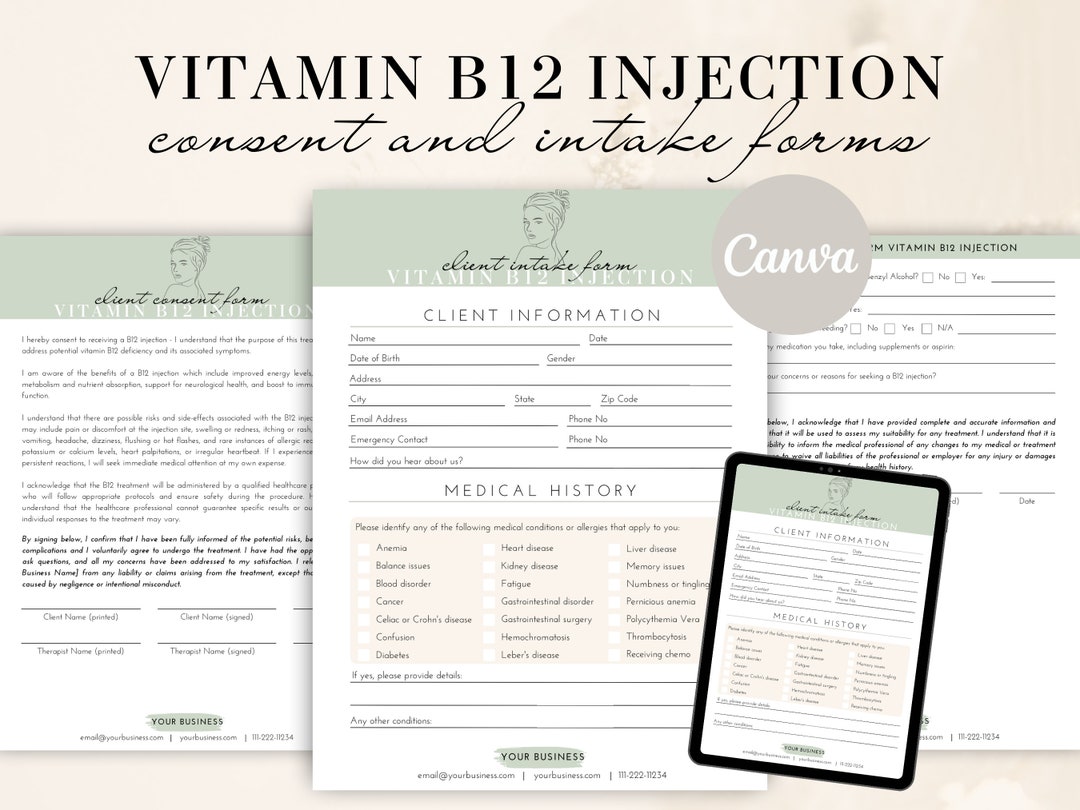 B12 Shot Consent Forms, Vitamin B12 Injection Forms, Client Intake Form ...