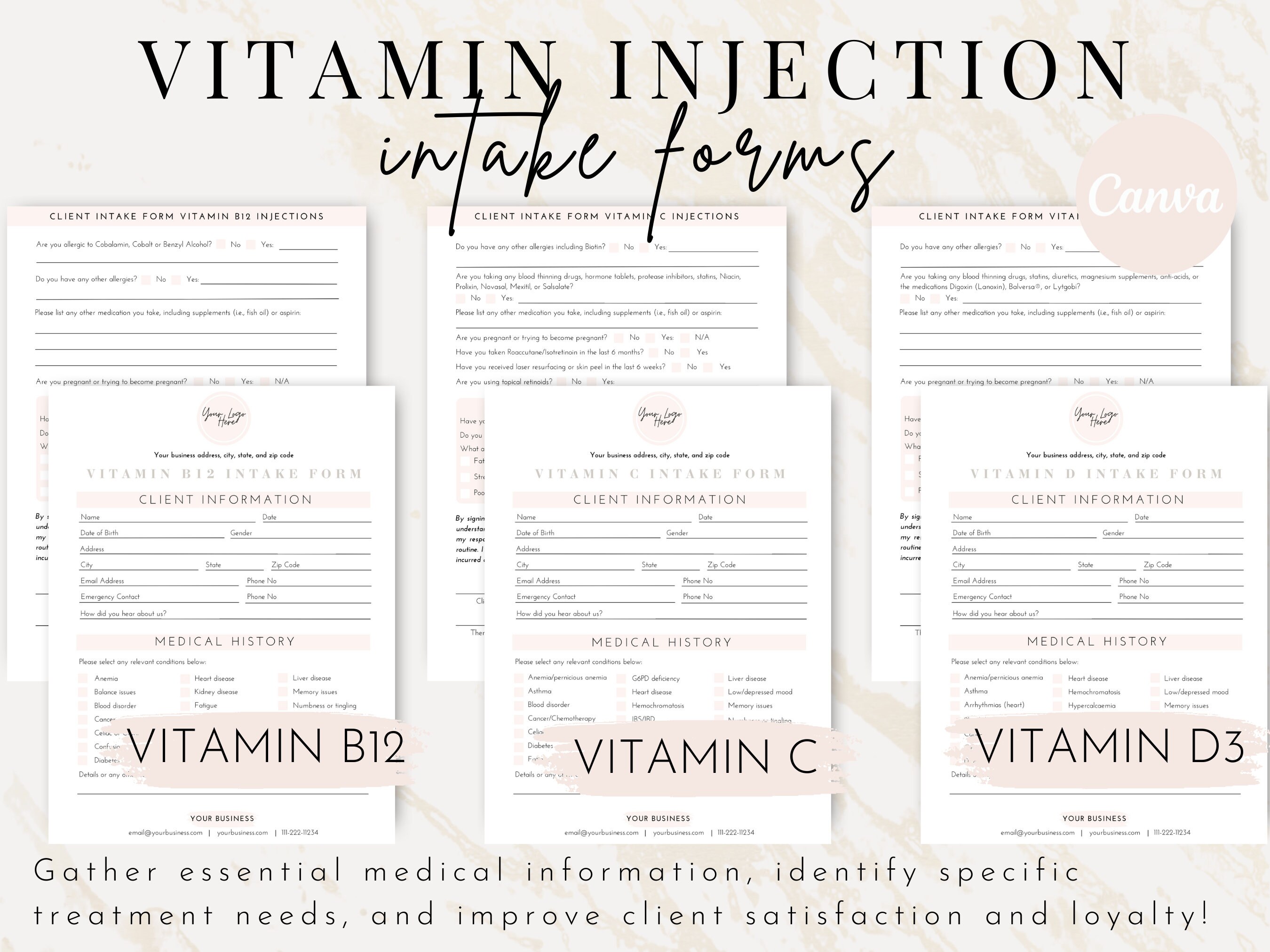 Vitamin C D3 B12 Injections Consent and Intake Forms, Vit C Vit D3 Vit ...