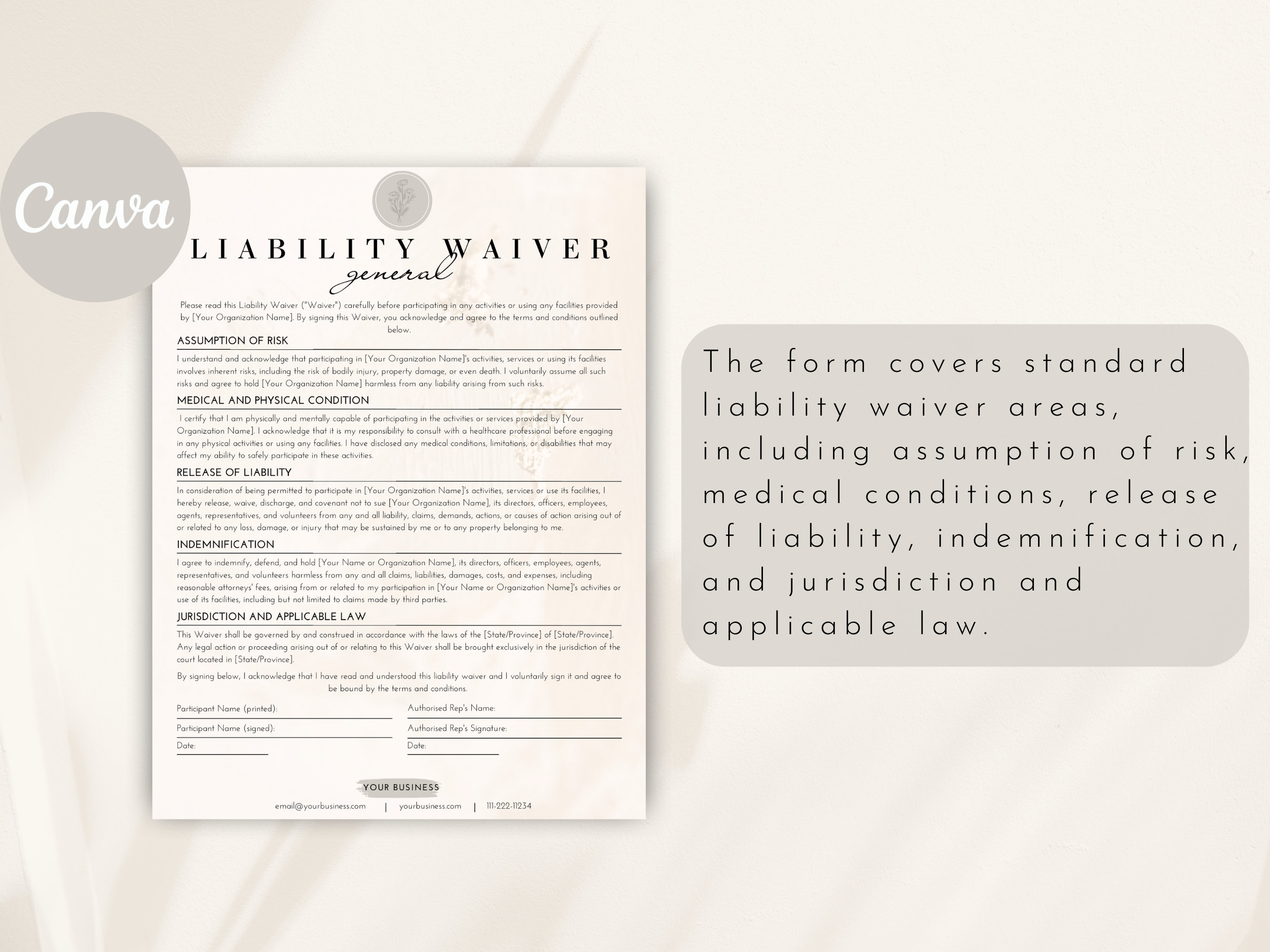 General Liability Waiver Template, Liability Form Agreement, Liability ...