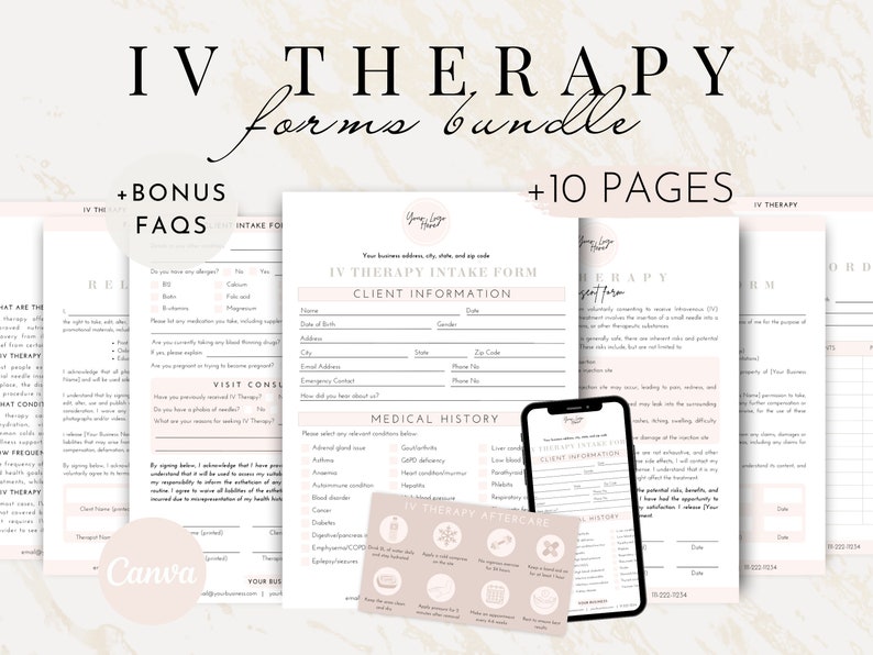 IV Therapy Consent Intake Forms Bundle, Intravenous Therapy Client Consultation, IV Hydration ...