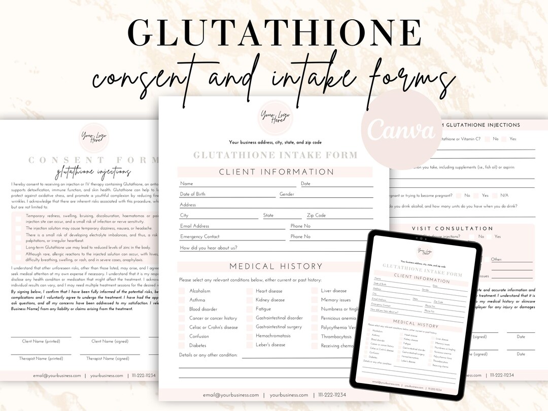 Glutathione Injection IV Drip Consent Intake Form, Glutathione Shot IV ...