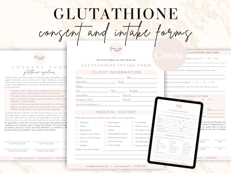 Glutathione Injection IV Drip Consent Intake Form, Glutathione Shot IV ...
