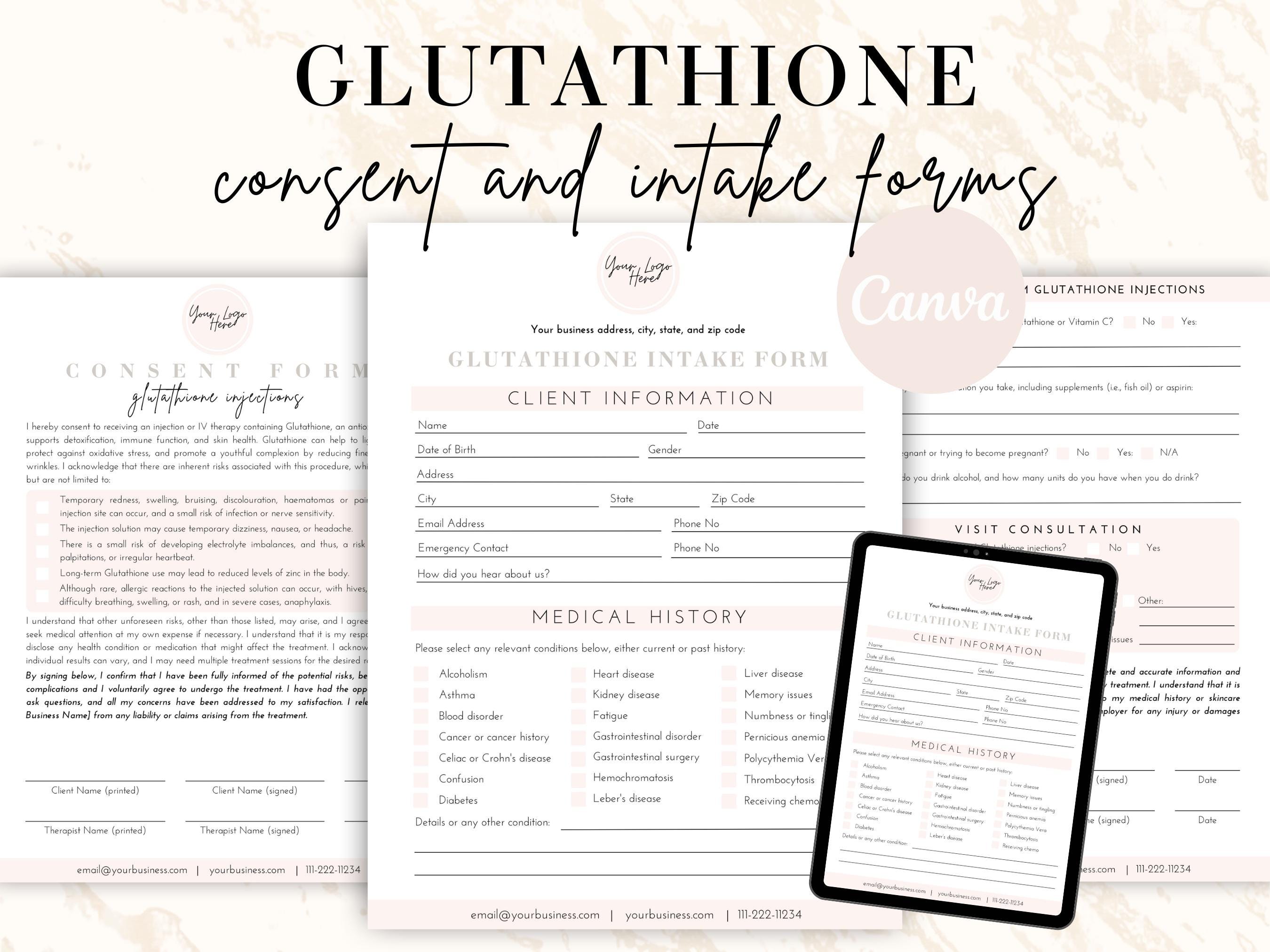 Glutathione Injection IV Drip Consent Intake Form, Glutathione Shot IV ...