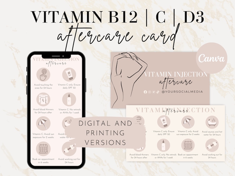 Vitamin C D3 B12 Injection Aftercare Cards, Digital Textable Vit C, Vit D3, Vit B12 Shot Care ...