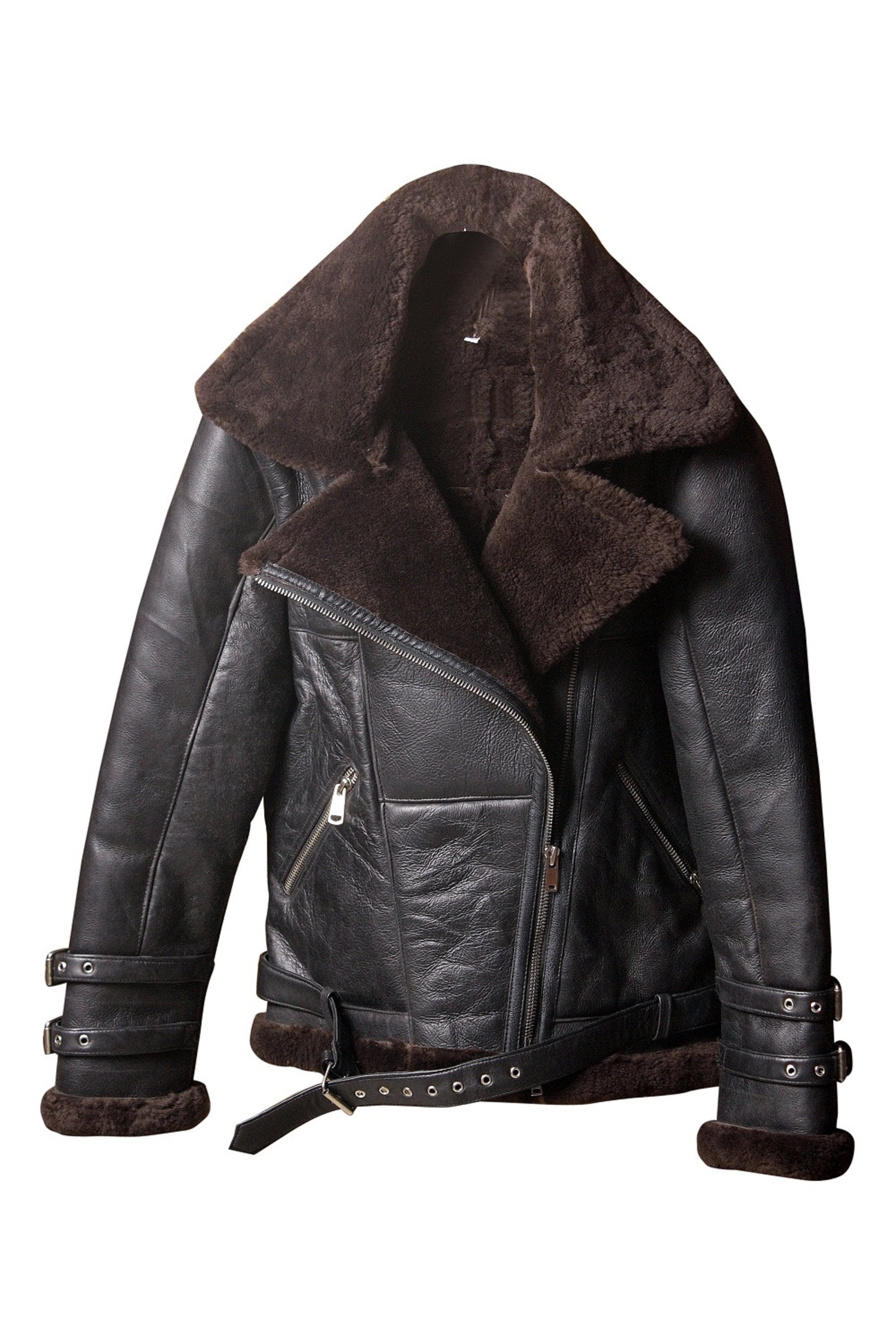 Womens Real Shearing Sheepskin Aviator Moto Biker B3 Jacket Thick Fur ...
