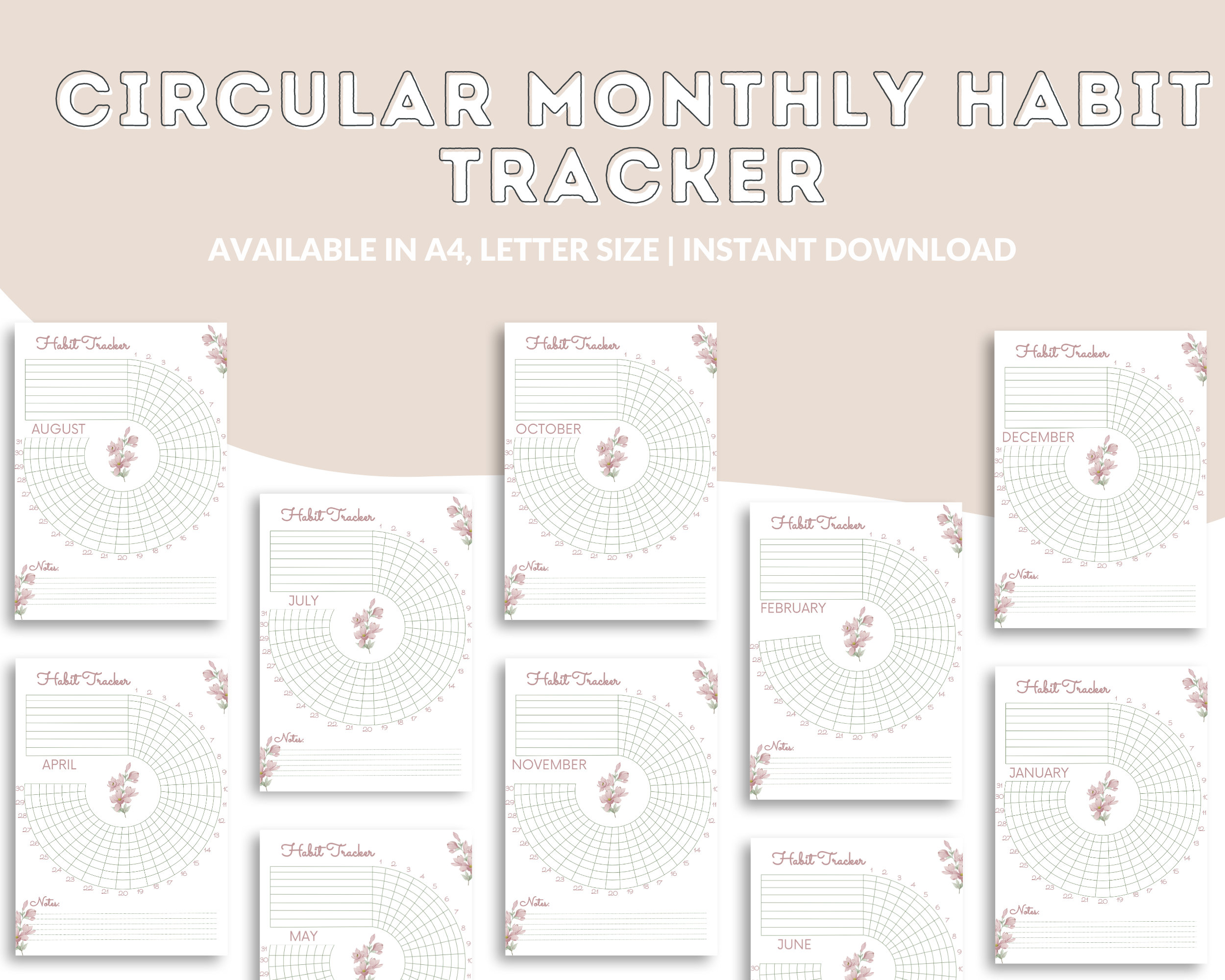 Circular Monthly Habit Tracker - Printable Monthly Habit Tracker - 12 ...