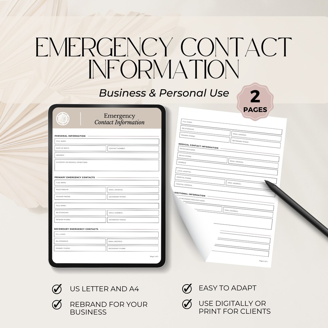 Emergency Contact Information, Emergency Contact Printable, Client ...