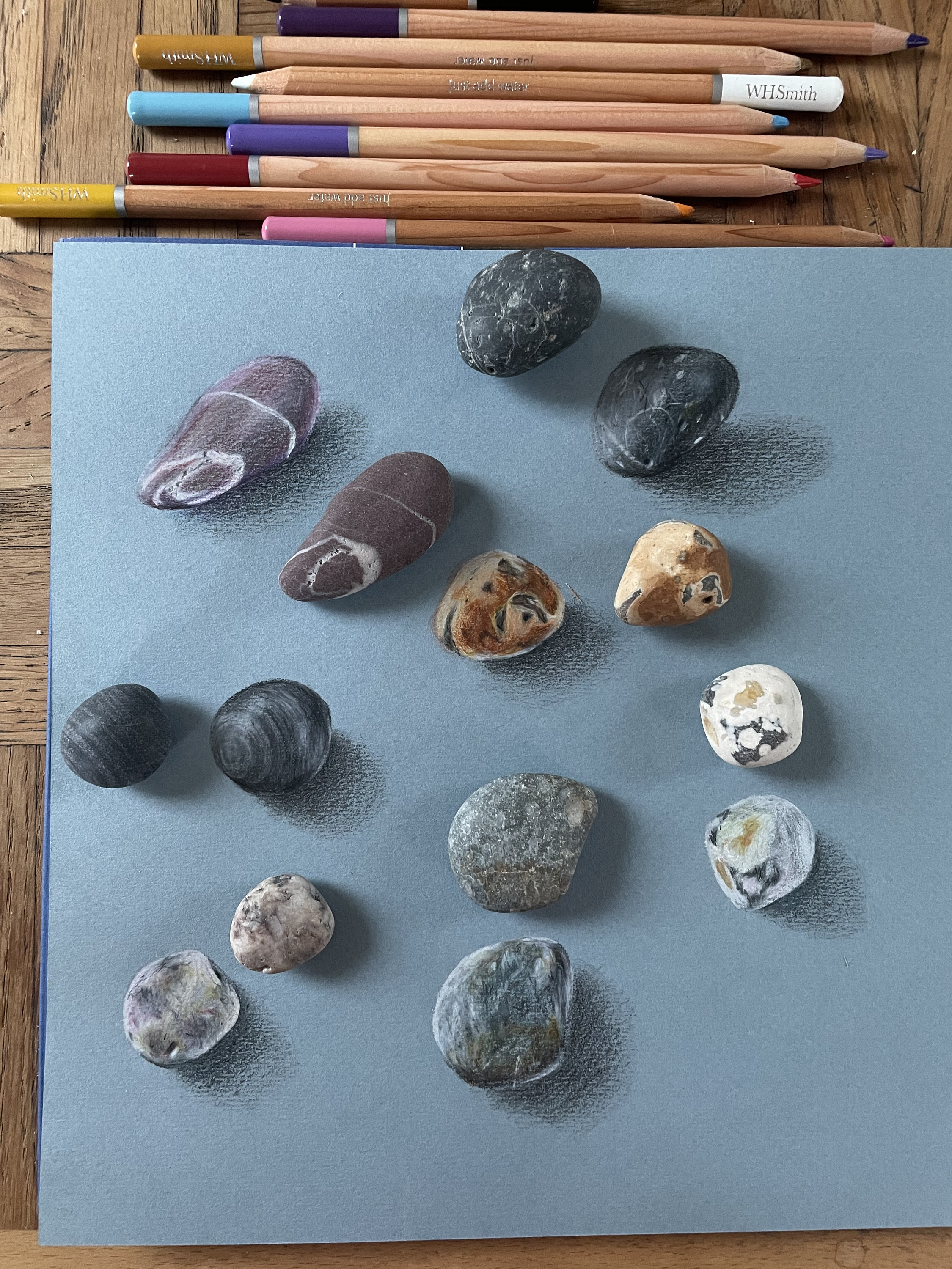 Original Pebbles Drawing Seaside Art Illustration Duck Egg Blue Coastal ...