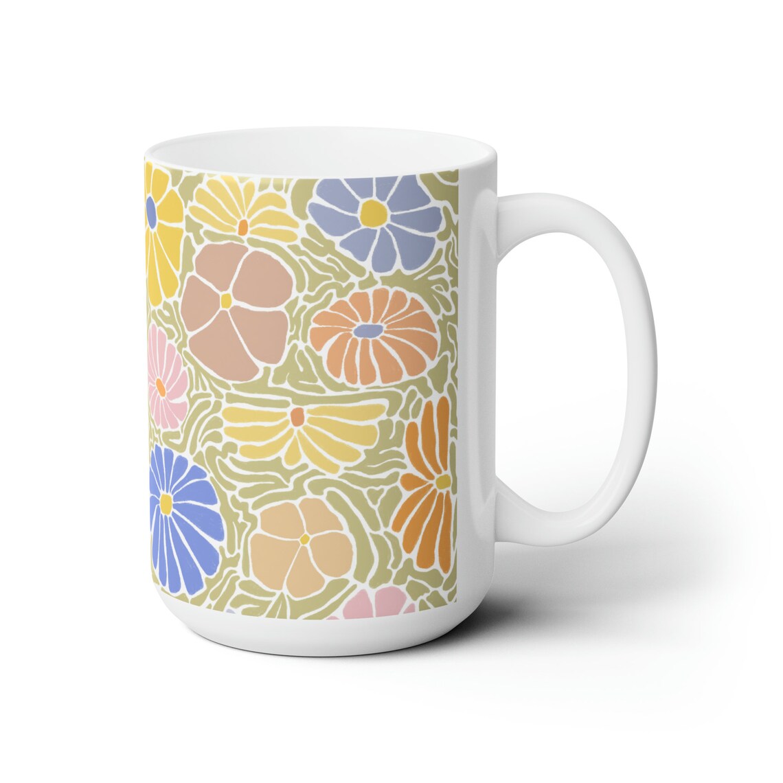 Colorful Abstract Retro Flower Ceramic Mug 15oz, Large Coffee Cup With ...