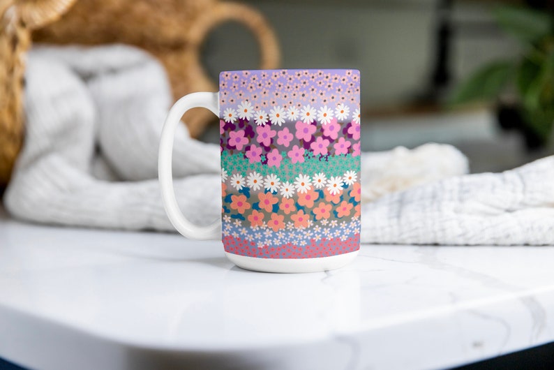 Oversized Colorful Boho Abstract Flower Ceramic Mug 15oz, Large Coffee ...