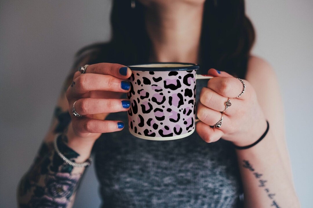 Purple Leopard Print Enamel Camp Cup, Cheetah Coffee Cup, Large Mug ...