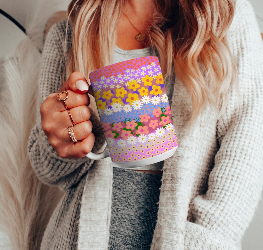 Oversized Colorful Boho Abstract Flower Ceramic Mug 15oz, Large Coffee ...
