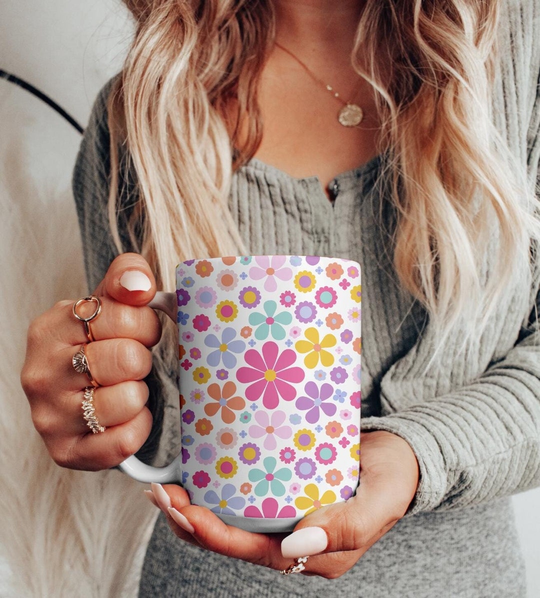Oversized Colorful Boho Abstract Flower Ceramic Mug 15oz, Large Coffee ...