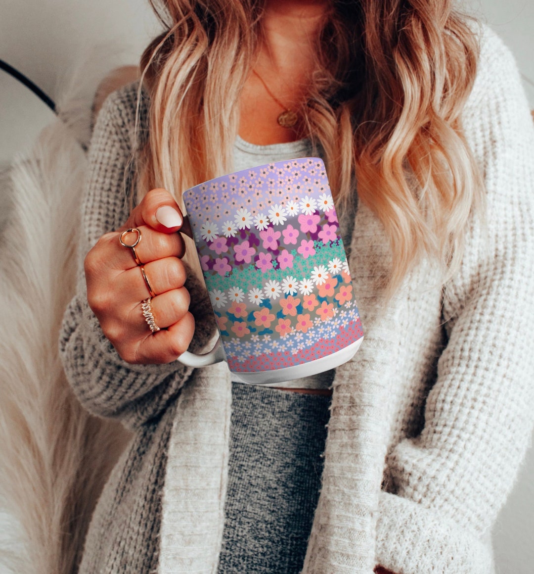 Oversized Colorful Boho Abstract Flower Ceramic Mug 15oz, Large Coffee ...