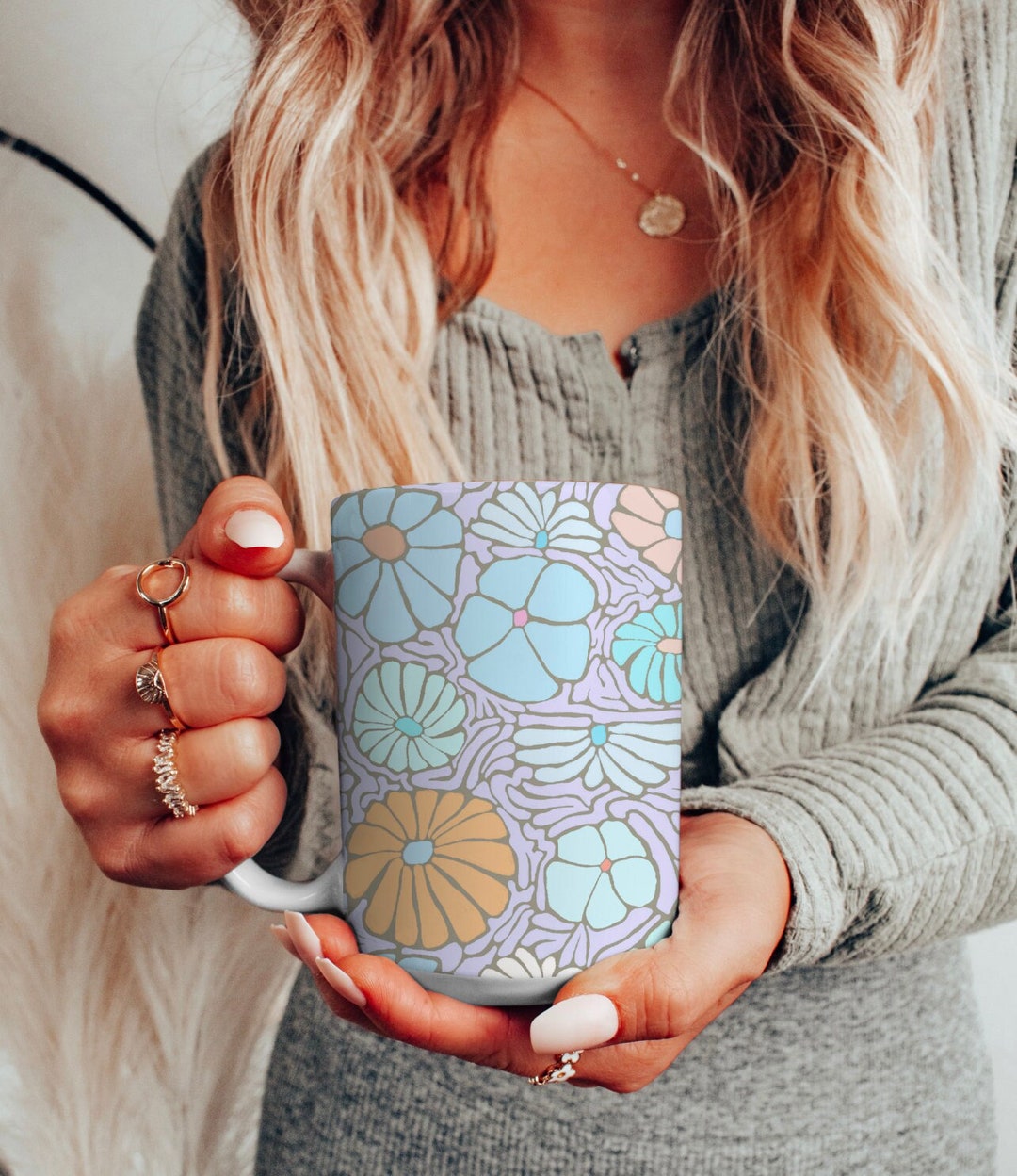 Colorful Abstract Retro Flower Ceramic Mug 15oz, Large Coffee Cup With ...