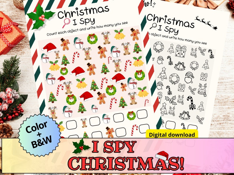 Christmas I Spy Activity for Children, Xmas Coloring Page, Santa Claus ...