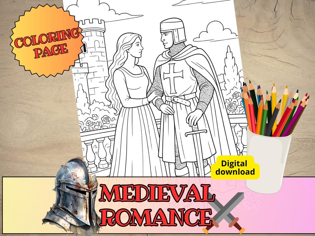 Medieval Romance Coloring Page, Templar Knight and Damsel Printable ...