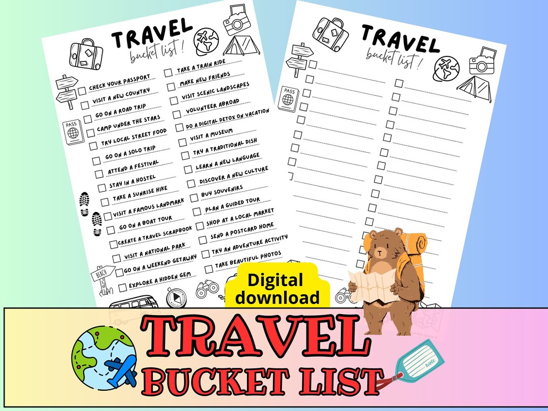 Travel Bucket List Printable, Vacation Planner & Adventure Checklist ...