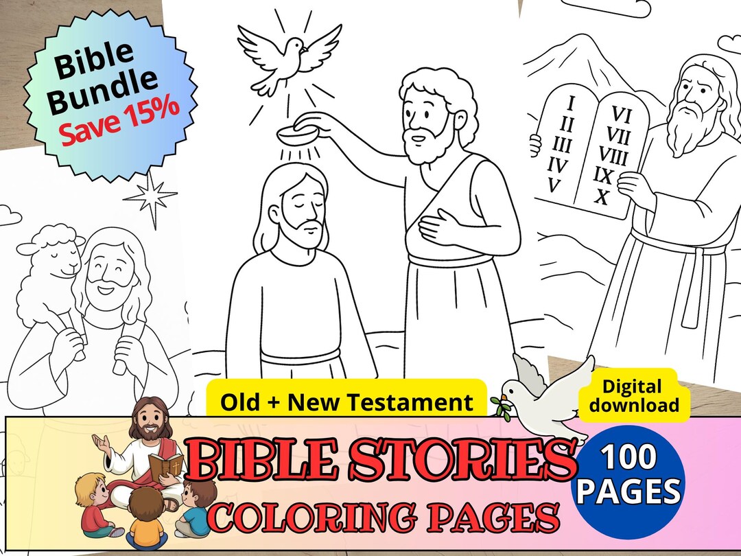 100 Bible Stories Coloring Pages, Religious Coloring Book Bundle, Jesus ...