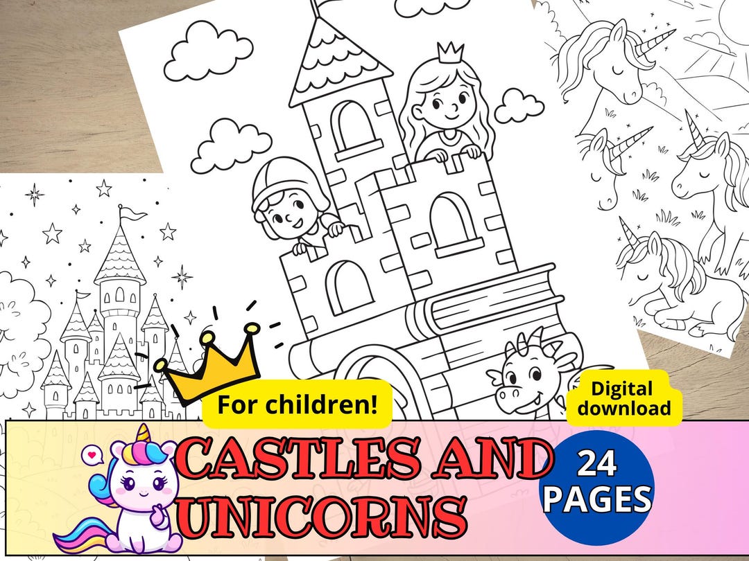 24 Printable Unicorn Bundle Coloring Pages for Kids, Fairy Tale Castle ...