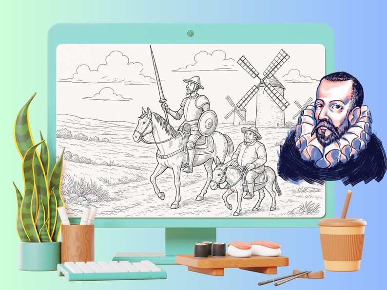 Don Quixote and Sancho Panza Coloring Page, Spanish Classic Literature ...