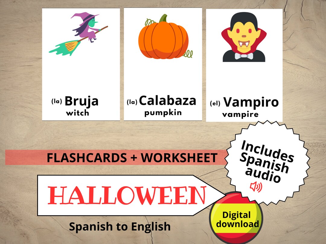Spanish Halloween Vocabulary Flashcards Printable, Halloween Worksheet ...