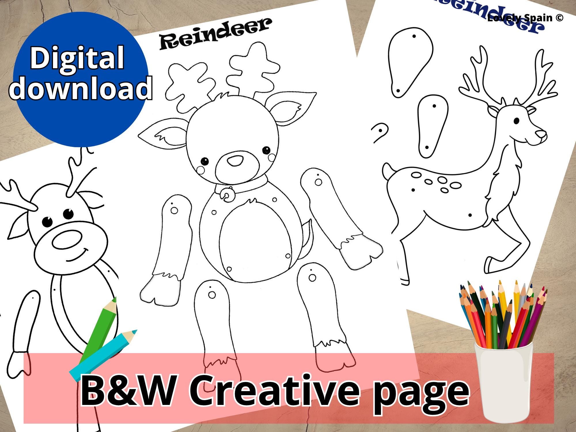3 Reindeer Articulated Puppets, Printable Christmas Deer Craft for Kids ...