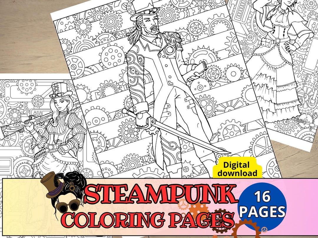16 Steampunk Fashion Coloring Pages for Adults, Vintage Victorian Sci ...
