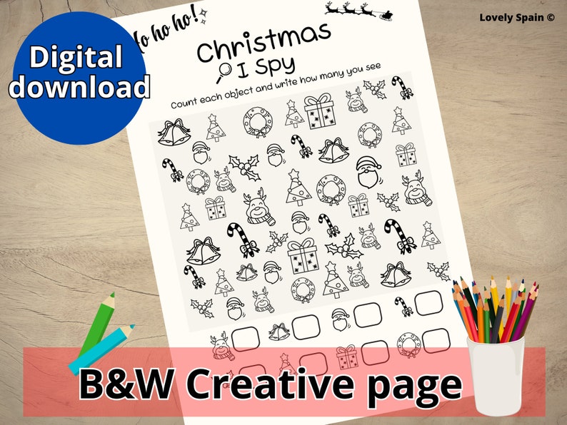 Christmas I Spy Activity for Children, Xmas Coloring Page, Santa Claus ...