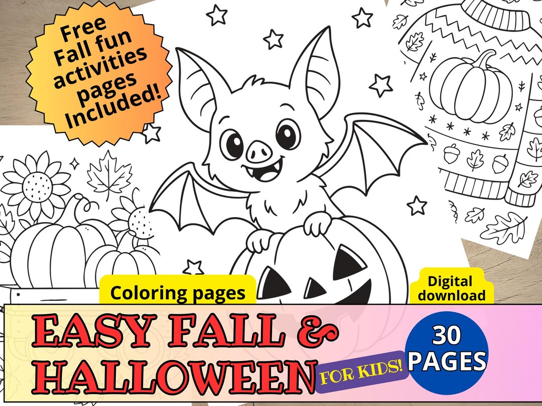 30 Easy Fall & Halloween Coloring Pages for Kids, Autumn Coloring Book ...