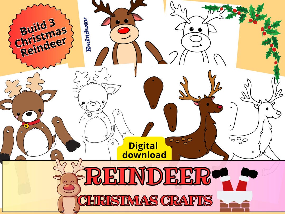 3 Reindeer Articulated Puppets, Printable Christmas Deer Craft for Kids ...