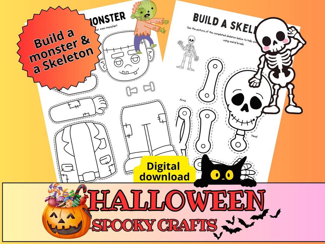 Frankenstein and Skeleton Articulated Puppets, Printable Halloween ...