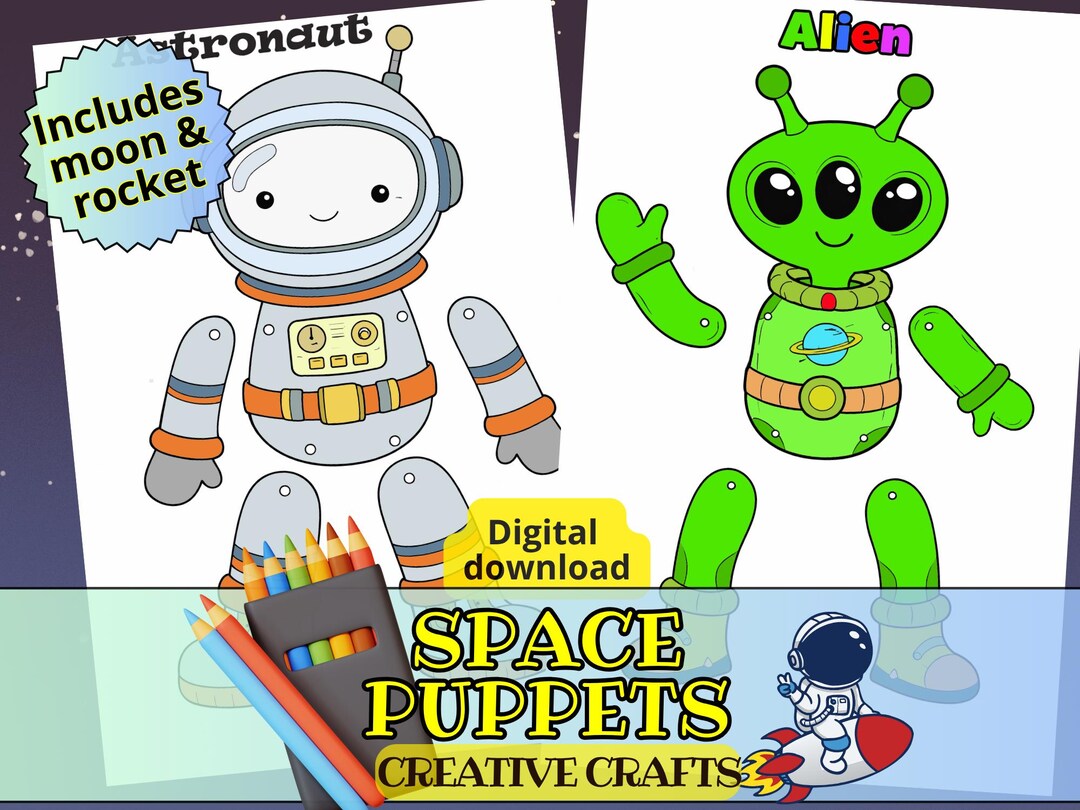 Space Puppet Printable Bundle for Kids, Astronaut Alien Rocket Moon ...