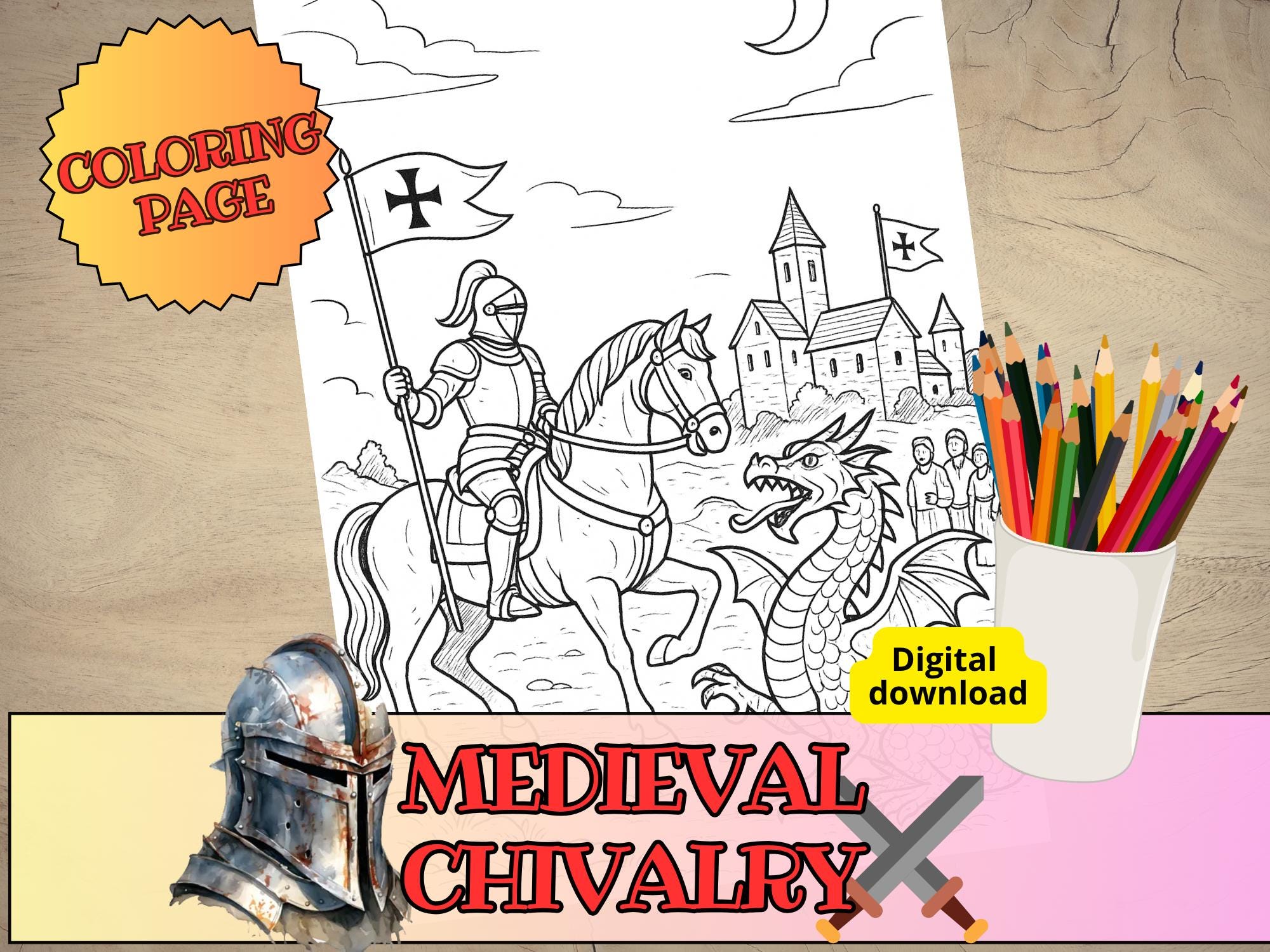 Medieval Knight and Dragon Coloring Page, Heroic Templar Knight ...