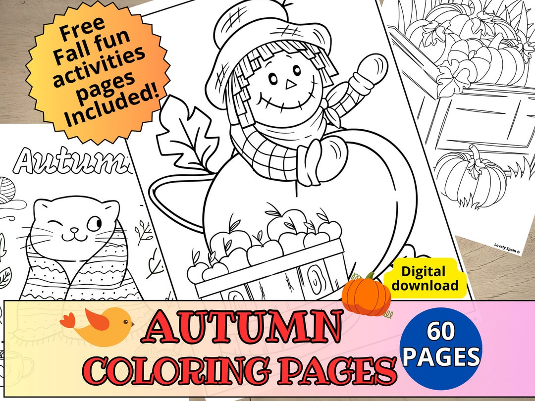 60 Autumn Coloring Pages for Kids and Adults, Fall Season Bundle ...