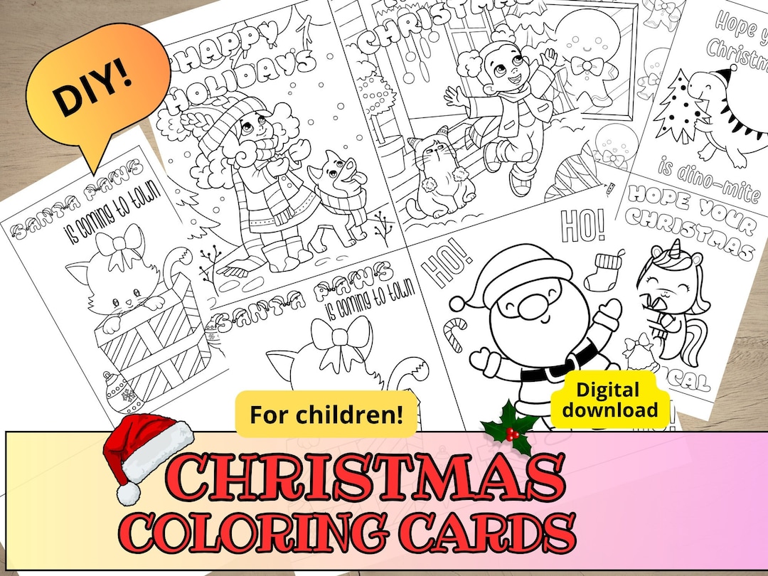 Set of 8 Coloring Christmas Cards for Children, Santa Claus Printable ...