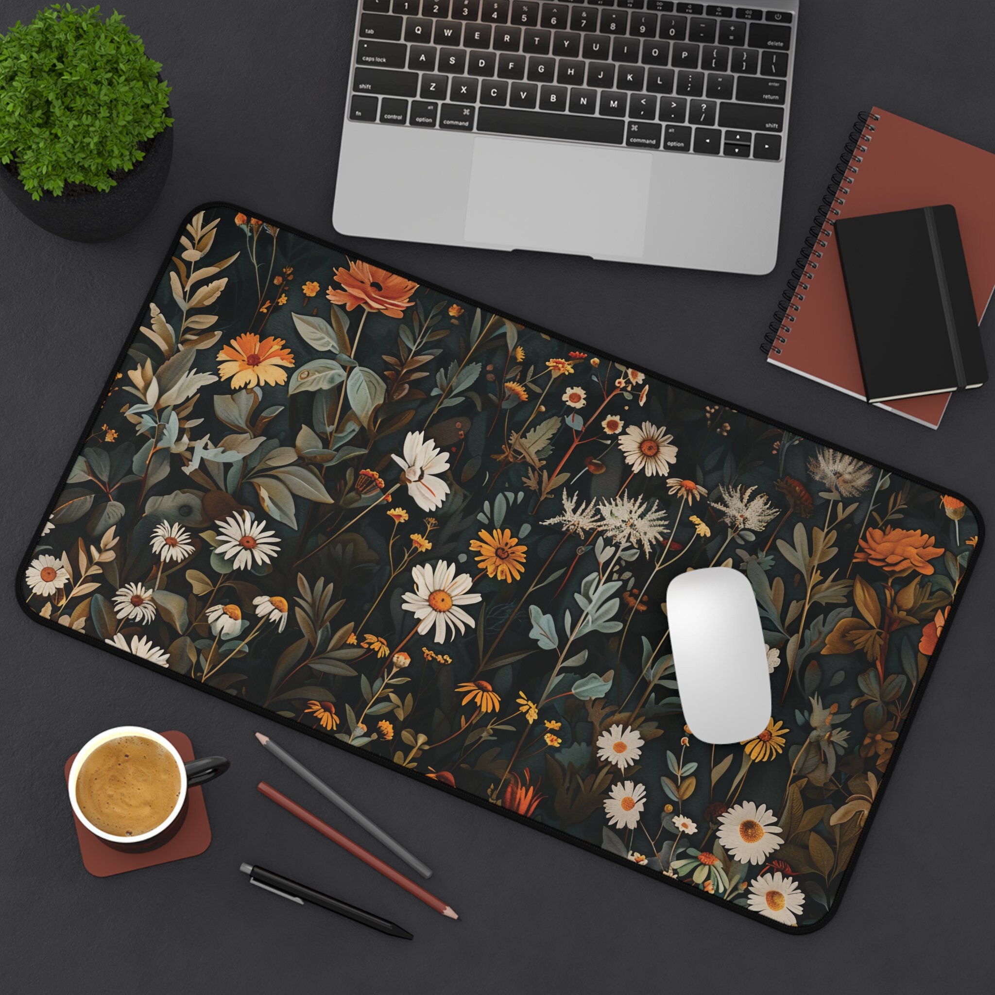 Nature Desk Decor, Dark Floral Elegance, Vintage Botanical Desk Mat ...
