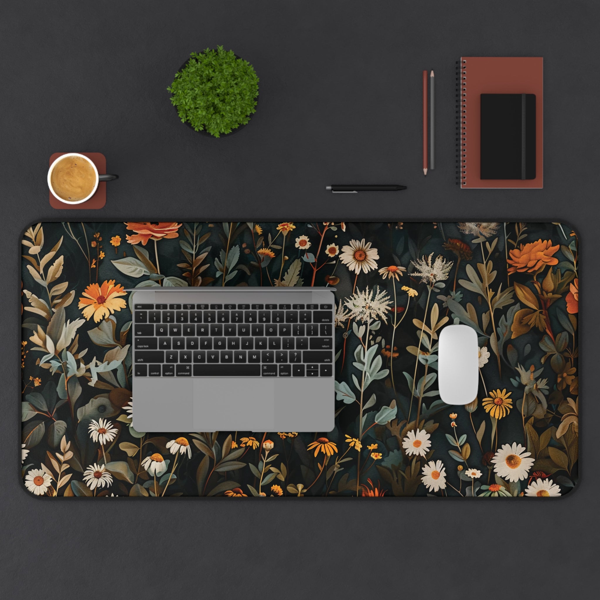 Nature Desk Decor, Dark Floral Elegance, Vintage Botanical Desk Mat ...