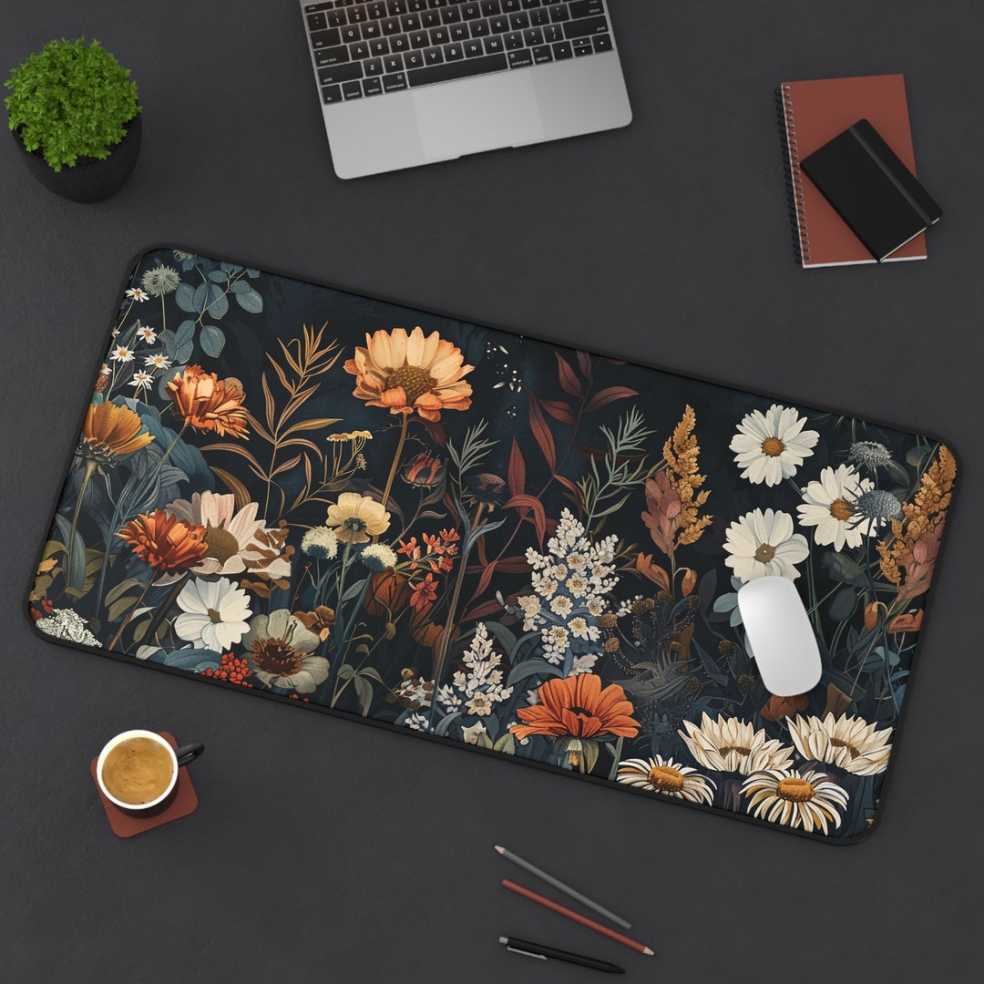 Vintage Botanical Desk Mat for Gamers, Dark Floral Cottagecore Elegance ...