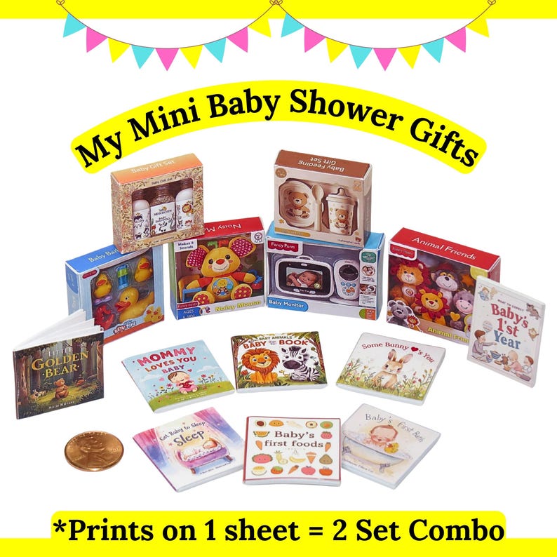 Miniature Baby Shower Gifts: Printable Dollhouse Mini Books & Toys (PDF ...