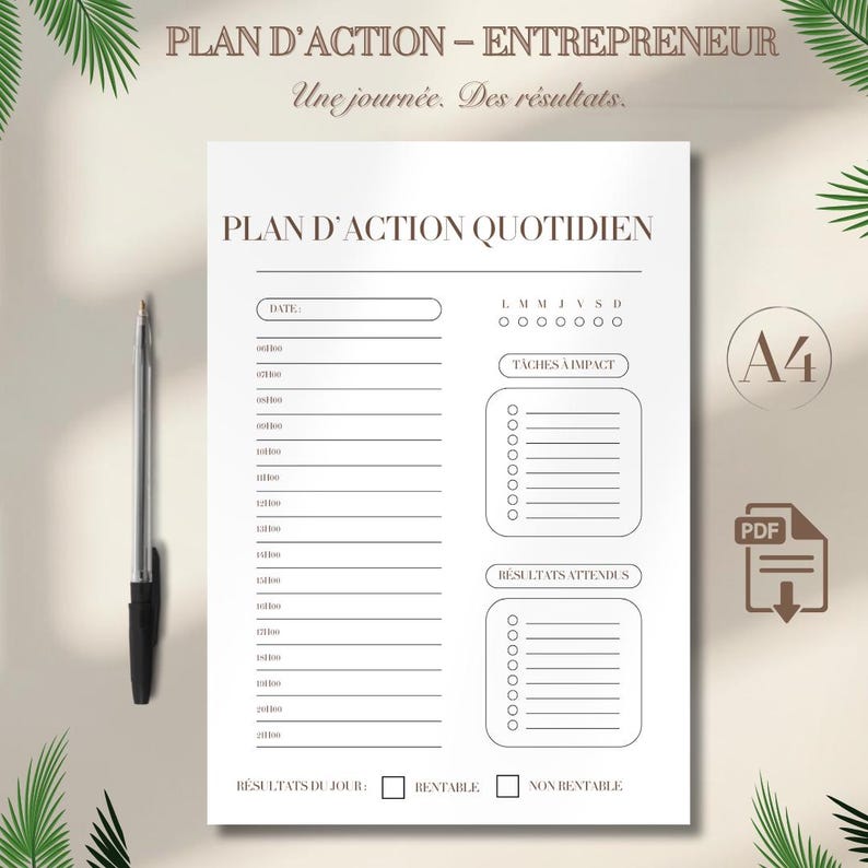 Plan D’action Entrepreneur PDF – Planner Quotidien A4 Imprimable ...