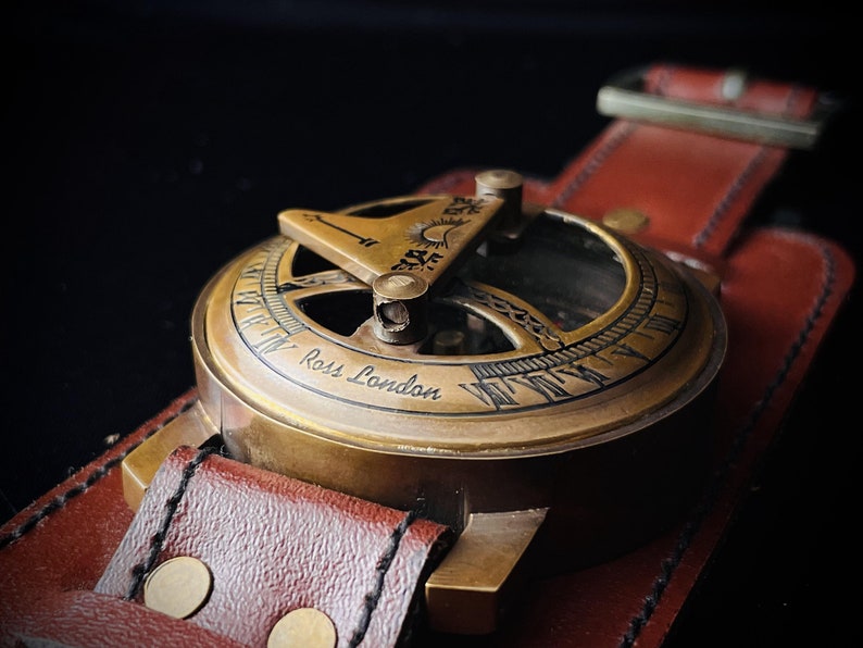 Personalized Brass & Leather Strap Compass Watch Antique Sundial Wrist ...
