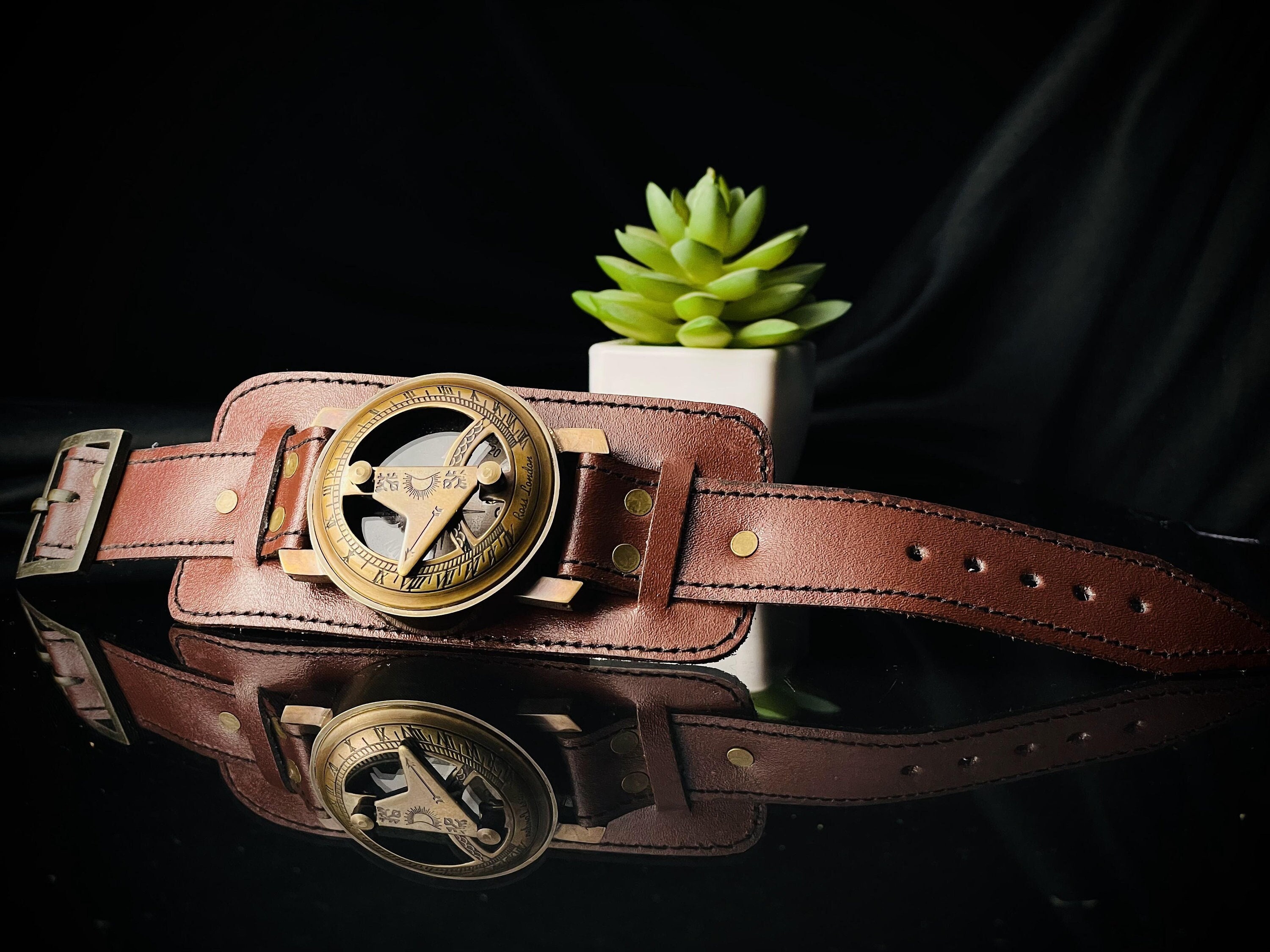 Personalized Brass & Leather Strap Compass Watch Antique Sundial Wrist ...
