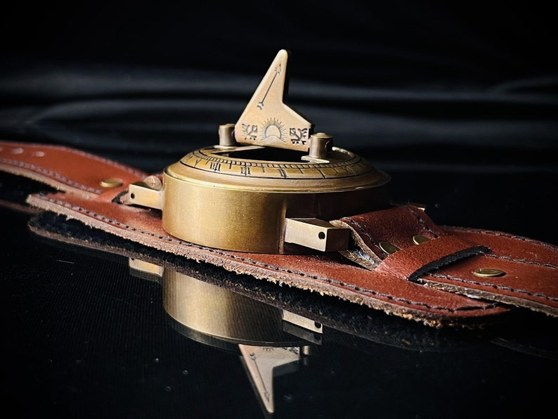 Personalized Brass & Leather Strap Compass Watch Antique Sundial Wrist ...