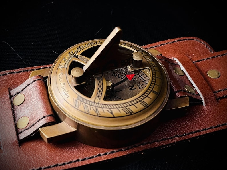 Personalized Brass & Leather Strap Compass Watch Antique Sundial Wrist ...
