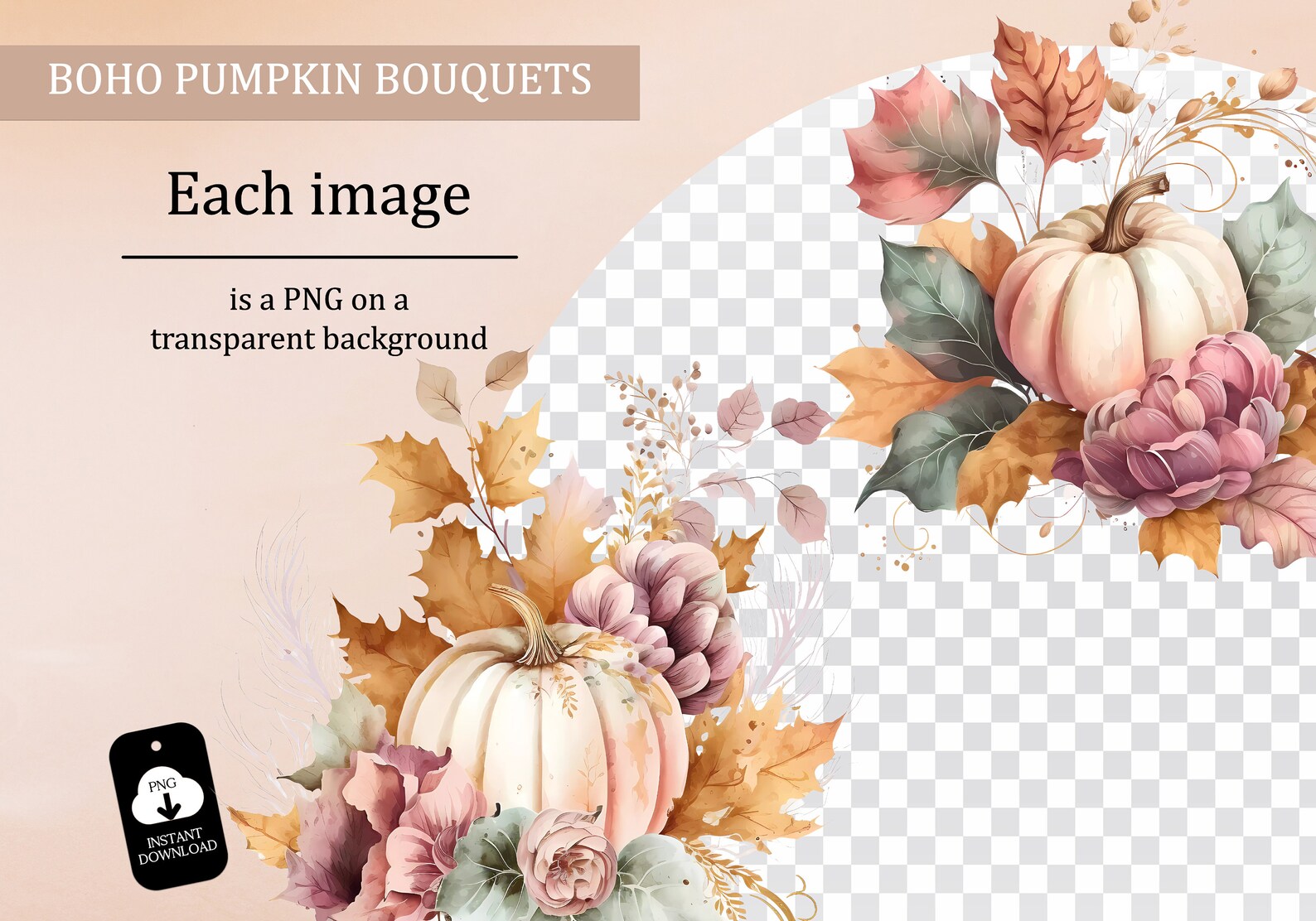 Boho Pumpkin Bouquets Watercolor Clipart, Fall Clipart Digital Download ...